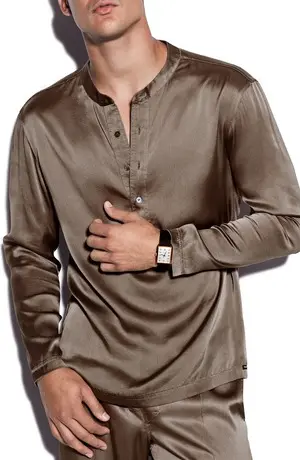 TOM FORD Henley Stretch Silk Pajama Shirt Walnut