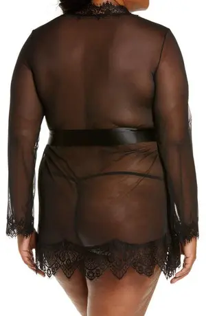 OH LA LA CHERI Lace Trim Mesh Robe & G-string Set - Black