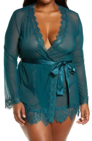 OH LA LA CHERI Lace Trim Mesh Robe & G-string Set Deep Teal