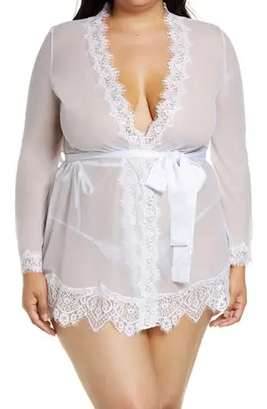 OH LA LA CHERI Lace Trim Mesh Robe & G-string Set - White