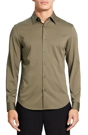 Theory Sylvain Nd Structure Knit Button-up Shirt Olive Branch