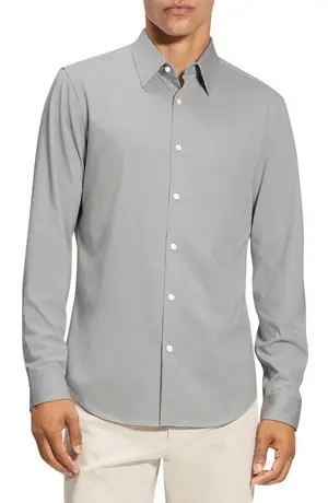 Theory Sylvain Nd Structure Knit Button-up Shirt Soft Grey