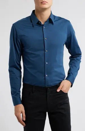 Theory Sylvain Nd Structure Knit Button-up Shirt Twilight