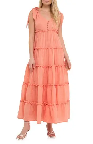 FREE THE ROSES Tiered Maxi Dress With Shoulder Ties - Orange