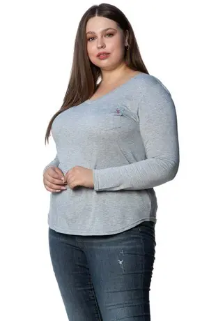 SLINK JEANS V-neck Long Sleeve Pocket T-shirt - Heather Grey