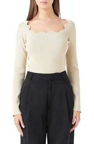 Endless Rose Scallop Square Neck Sweater - Taupe