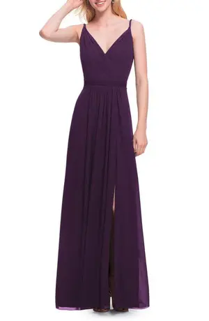 #LEVKOFF Designer Chiffon Gown With Surplice Neckline And A-line Silhouette