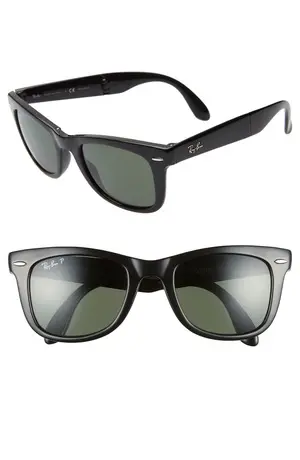 Ray-ban 50mm Wayfarer Polarized Folding Sunglasses In Black/green Solid At Nordstrom Black/ Green Solid