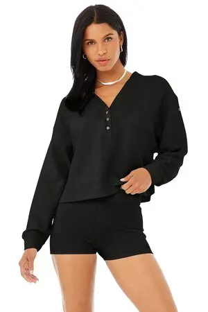 Alo Yoga Micro Waffle Pleasant Cropped Henley In Black - 41% Off