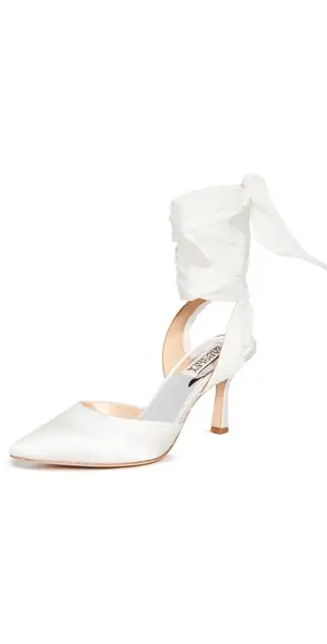 Badgley Mischka Blaze Pointed Toe Pumps With Ankle Wrap - White Satin