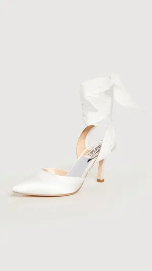 Badgley Mischka Blaze Pointed Toe Pumps With Ankle Wrap - White Satin