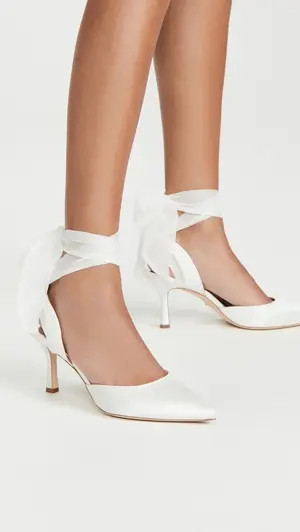 Badgley Mischka Blaze Pointed Toe Pumps With Ankle Wrap - White Satin