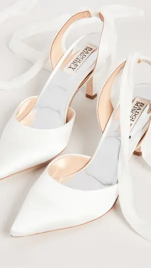 Badgley Mischka Blaze Pointed Toe Pumps With Ankle Wrap - White Satin
