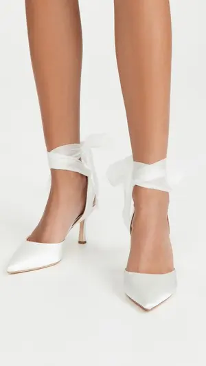 Badgley Mischka Blaze Pointed Toe Pumps With Ankle Wrap - White Satin