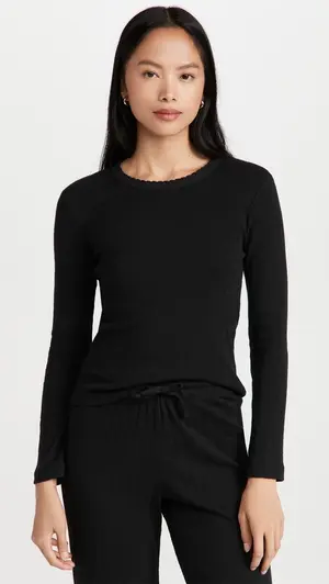 LESET Pointelle Slim Fit Long Sleeve Top - Black