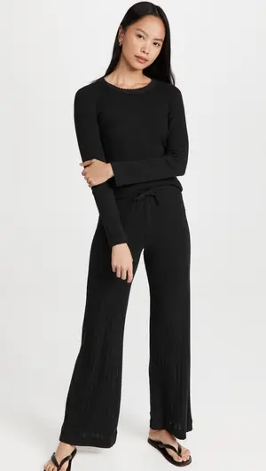 LESET Pointelle Slim Fit Long Sleeve Top - Black