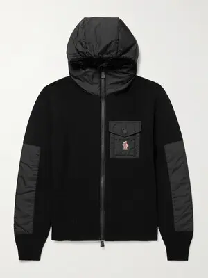 Moncler Logo-appliquéd Shell-trimmed Wool-blend Zip-up Hoodie - Black