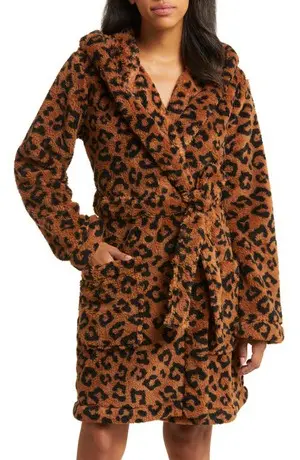 UGG UGG Aarti Faux Shearling Hooded Robe Cider Leopard