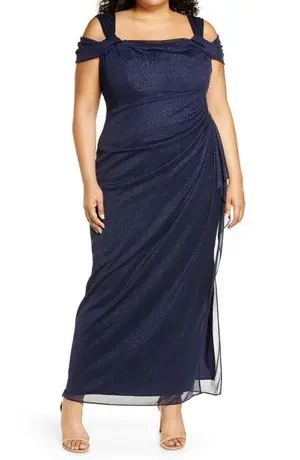 Alex Evenings Cold Shoulder Glitter Column Gown - Dark Navy
