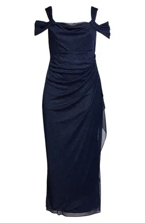 Alex Evenings Cold Shoulder Glitter Column Gown - Dark Navy