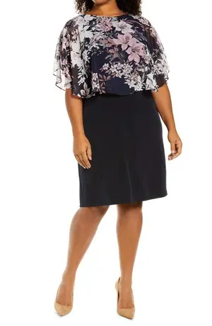 CONNECTED APPAREL Floral Overlay Cape Dress Navy/ Mauve