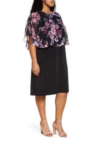 CONNECTED APPAREL Floral Overlay Cape Dress
