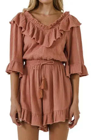 FREE THE ROSES Ruffle Detail Cotton Romper