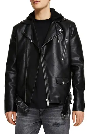 RIVER ISLAND Hooded Faux Leather Biker Jacket