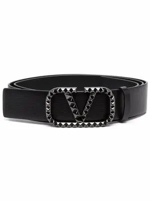 Valentino Garavani Studded Logo Buckle Leather Belt - Black