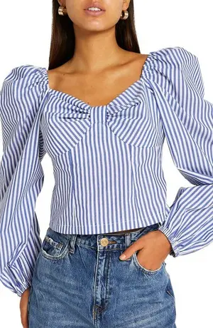RIVER ISLAND Puff Sleeve Stripe Crop Top - Blue