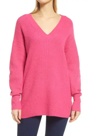 Halogen Rib Knit V-neck Tunic Sweater With Blouson Sleeves
