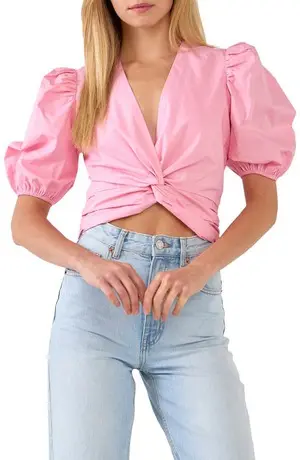English Factory Puff Sleeve Crop Top - Pink
