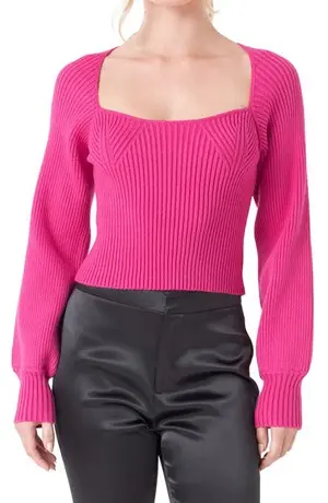 Endless Rose Ribbed Bishop Sleeve Top - Fuchsia