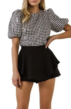 English Factory Sequin Gingham Top - Black/white