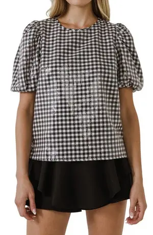 English Factory Sequin Gingham Top - Black/white