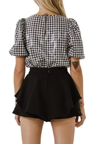 English Factory Sequin Gingham Top - Black/white