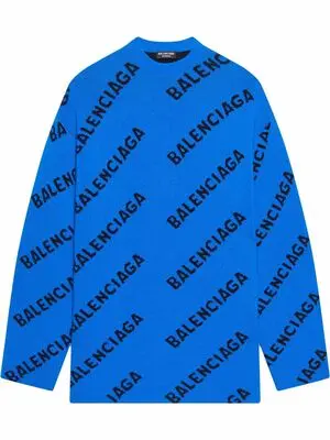 Balenciaga All Over Logo Wool Jumper - Blue