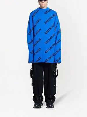 Balenciaga All Over Logo Wool Jumper - Blue