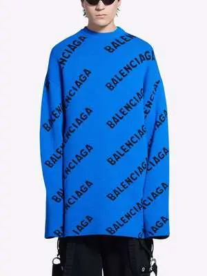 Balenciaga All Over Logo Wool Jumper - Blue