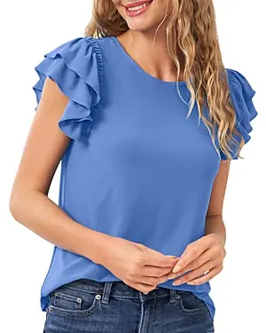 CECE DUPRAZ Ruffled Sleeve Top Blue Jay