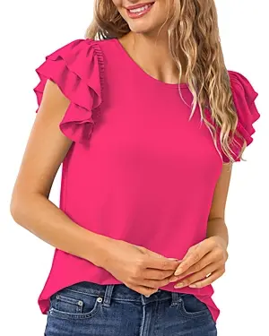 CECE DUPRAZ Ruffled Sleeve Top Bright Rose