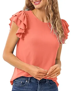 CECE DUPRAZ Ruffled Sleeve Top Cameo Coral