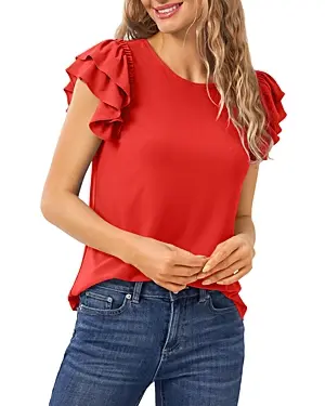 CECE DUPRAZ Ruffled Sleeve Top Coral Sunset