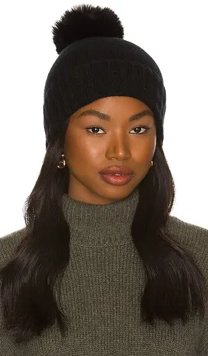 Hat Attack Cashmere Slouchy Cuff Beanie With Faux Fur Pom - Black