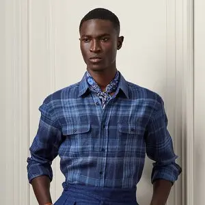 Ralph Lauren Plaid Linen Shirt Indigo Blue Multi