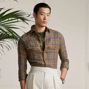Ralph Lauren Plaid Linen Shirt Olive Multi