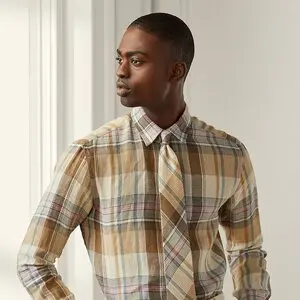 Ralph Lauren Plaid Linen Shirt Tan & Mocha Multi Plaid