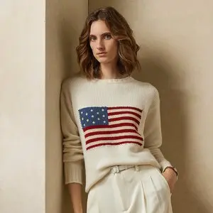 Ralph Lauren Flag Cashmere Crewneck Sweater - Lux Cream W/ Flag