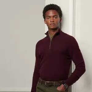 Ralph Lauren Cashmere Birdseye Quarter-Zip Sweater Burgundy Multi