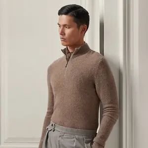 Ralph Lauren Cashmere Birdseye Quarter-Zip Sweater Taupe Multi